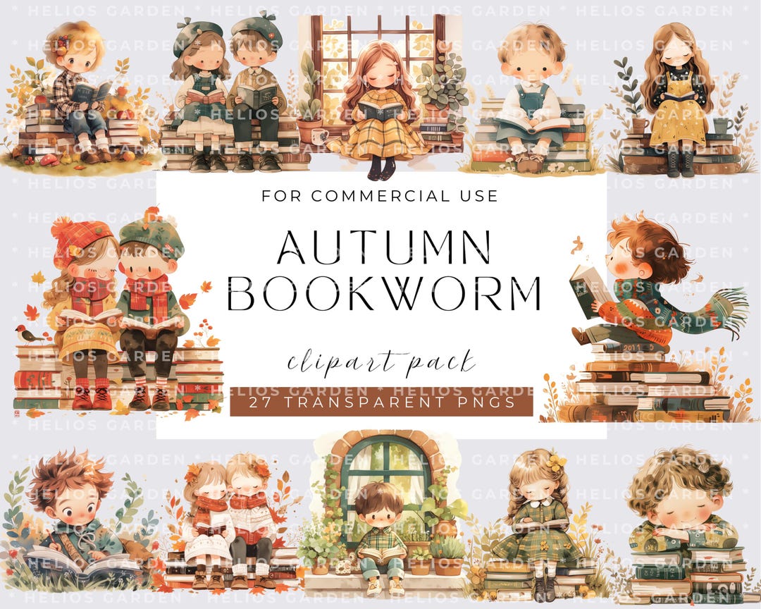 Autumn Bookworm Girls and Boys Clipart Bundle Whimsical Girls Clipart ...