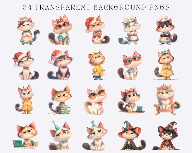 Quirky Cat Clipart PNG Whimsical Cats Kitten Sublimation Clip Art Cute ...