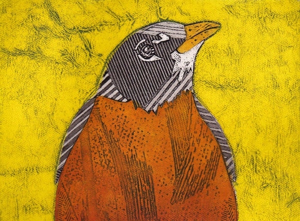 Bird Art Print, American Robin, Red Robin, Original Collograph Print ...