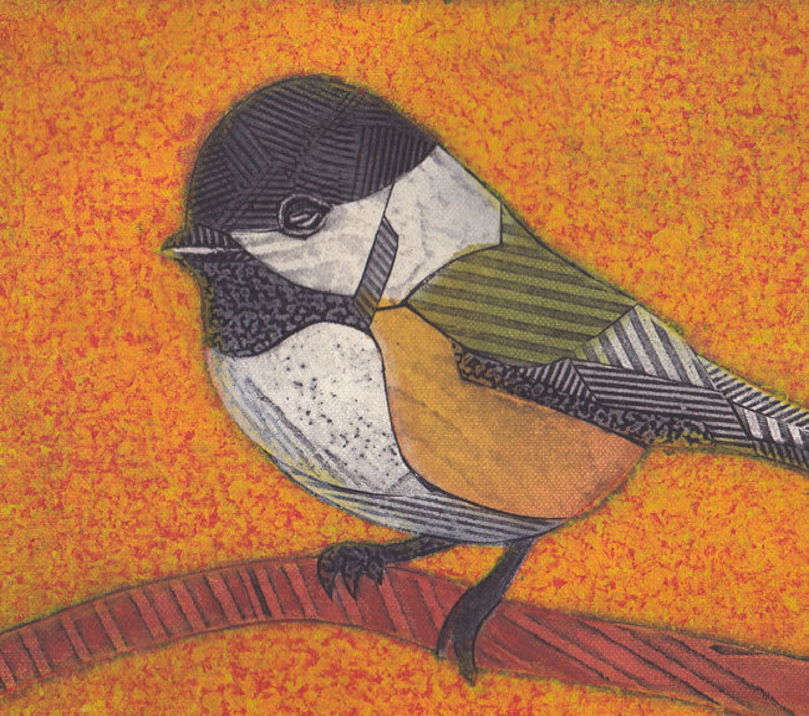 Black-capped Chickadee on Orange 1 (original Collograph of Bird) - Etsy