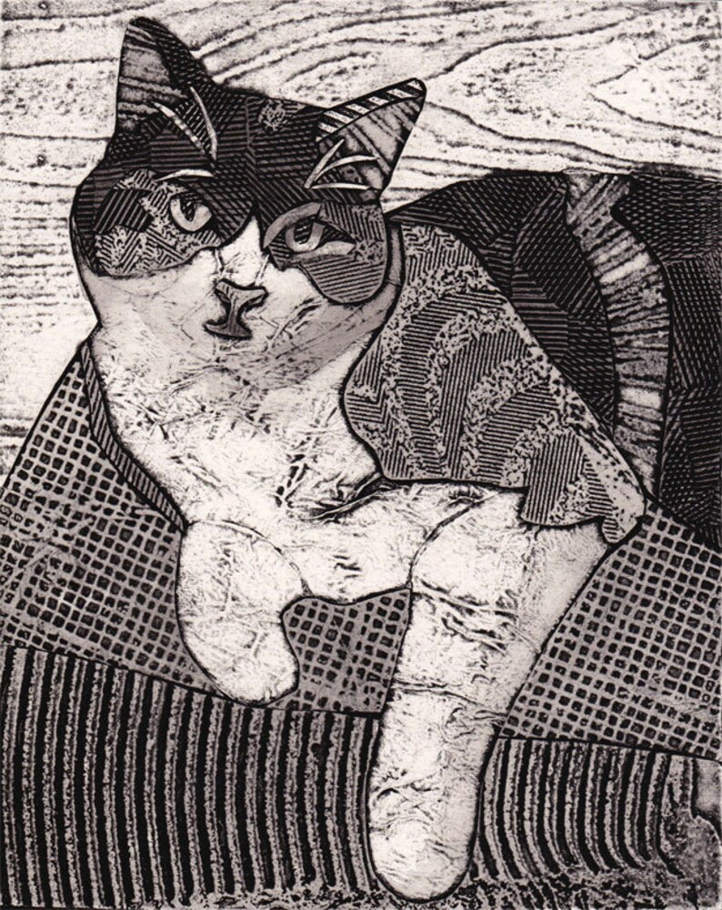 Calico Cat Art Original Collograph Print Black and White - Etsy