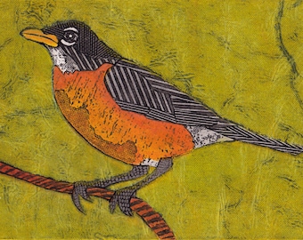 Bird Art Print American Robin Red Robin Original Collograph | Etsy