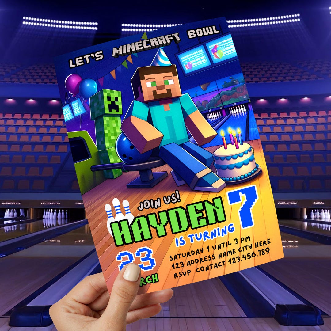 Premium Mindcraft Bowling Party Invitation Template, Custom Bowling ...