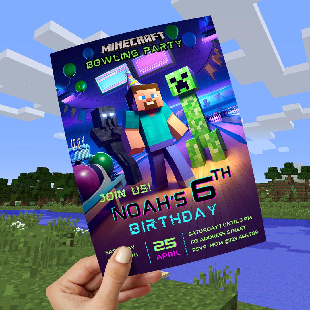 Mindcraft Bowling Invitation Template, Editable Birthday Invitation ...