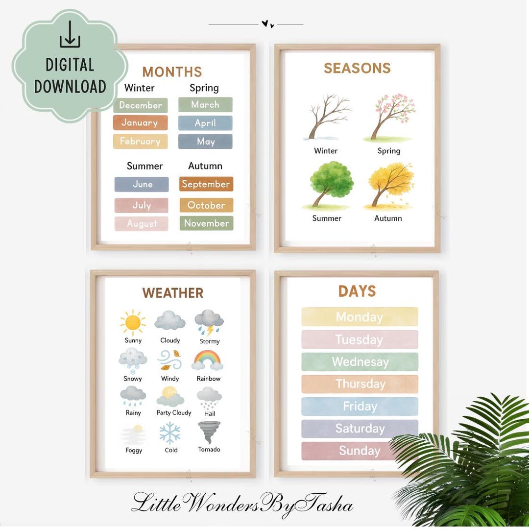 Kids Learning Posters Printable Set | Months Seasons Weather Days ...
