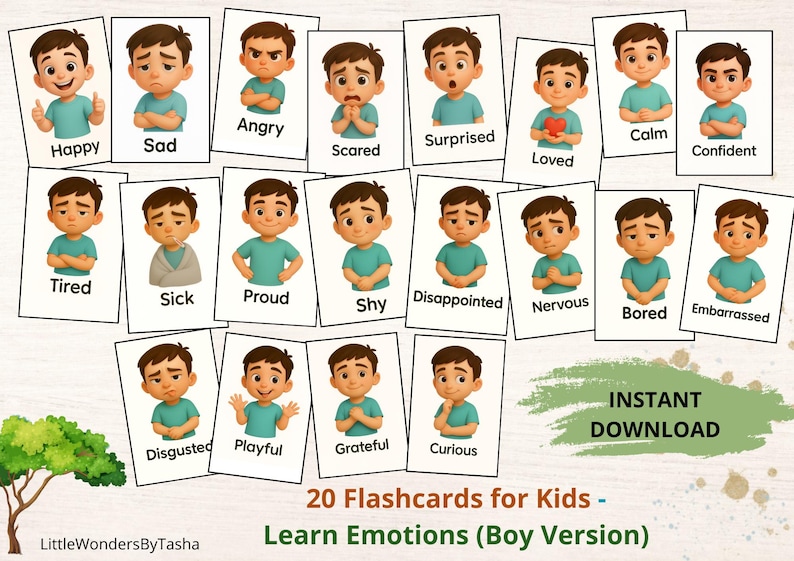 40 Emotion Flashcards for Kids, Printable Feelings Cards, Boy Girl ...