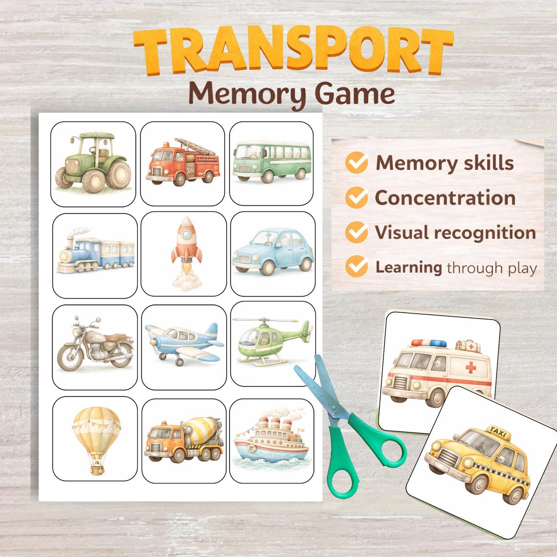 Transport Memory Game Printable | Vehicles Matching Game for Kids ...