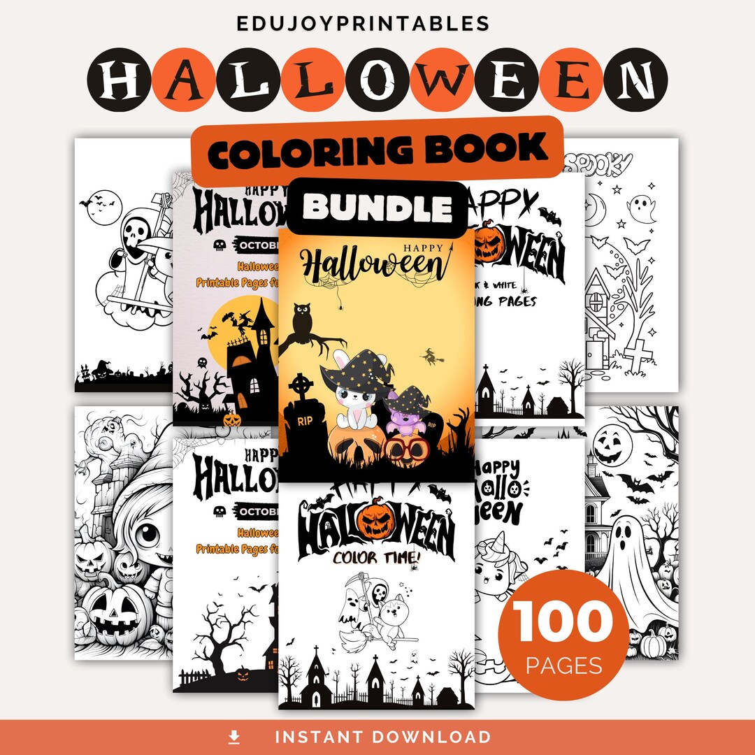 Halloween Coloring Book Bundle, Spooky Designs, 100 Pages (digital ...