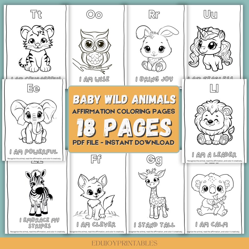 Animal Affirmation Coloring Pages for Kids | Printable (instant ...