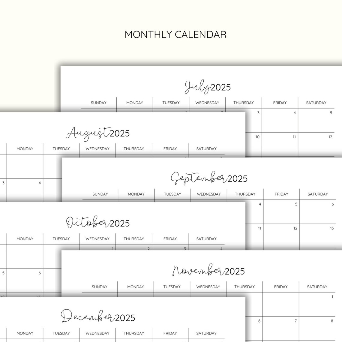 2025 Calendar Sunday Start, Printable Calendar PDF, Desk Calendar, Wall ...