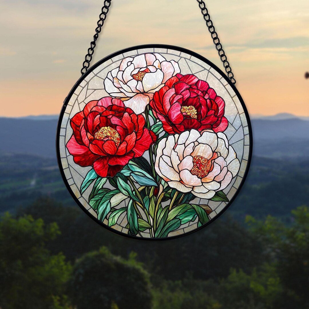Faux Stained Glass Peonies Suncatcher, Nature Window Hangings, House ...