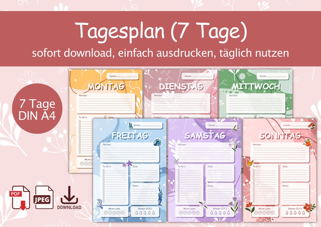 7 Daily Planners / DIN A4 / Daily Schedule / To-do List / Notes / Goals ...