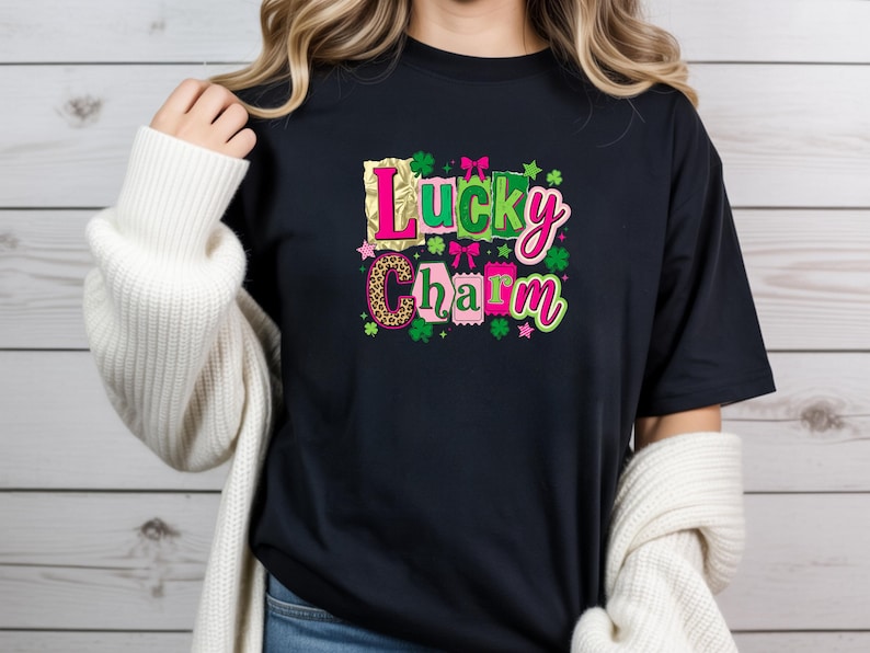 Lucky Charm St. Patrick's Day T-shirt, Pink Green Shamrock Graphic Tee ...
