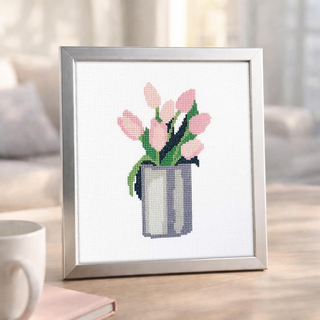 Pink Tulips Cross Stitch Kit: Modern Botanical Embroidery, Beginner ...
