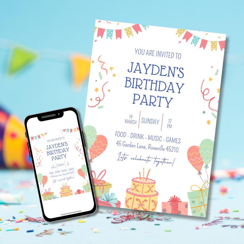 Carnival Birthday Invitation for Kids, Rainbow Art Party Template ...