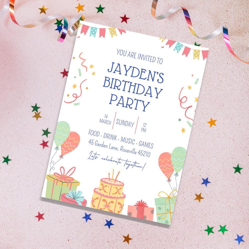 Carnival Birthday Invitation for Kids, Rainbow Art Party Template ...