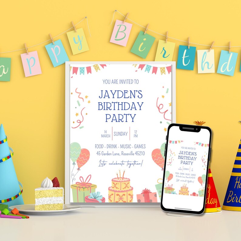 Carnival Birthday Invitation for Kids, Rainbow Art Party Template ...