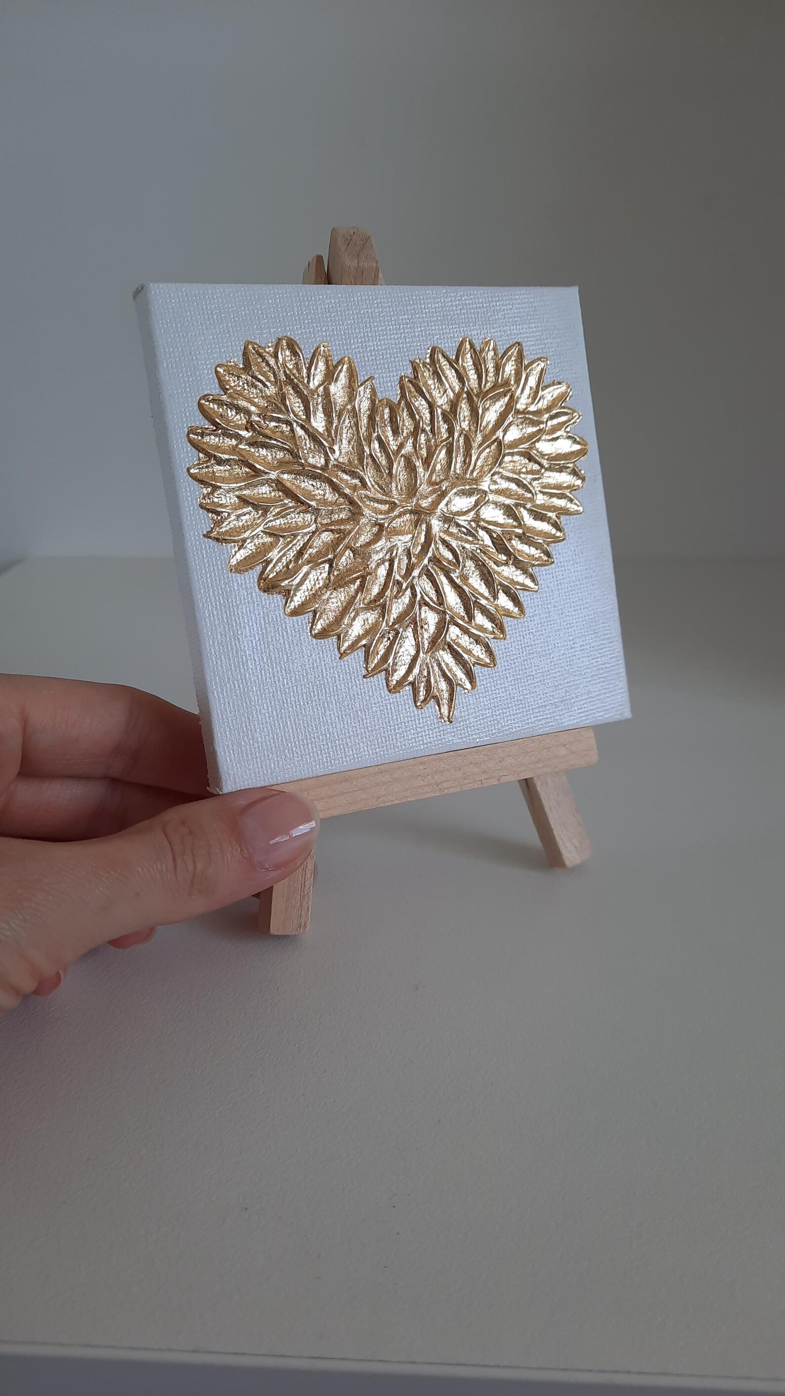 Miniature Heart Painting on Canvas With Mini Easel, Tiny Art Gold Heart ...