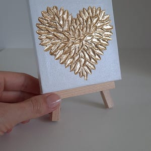 Miniature Heart Painting on Canvas With Mini Easel, Tiny Art Gold Heart ...