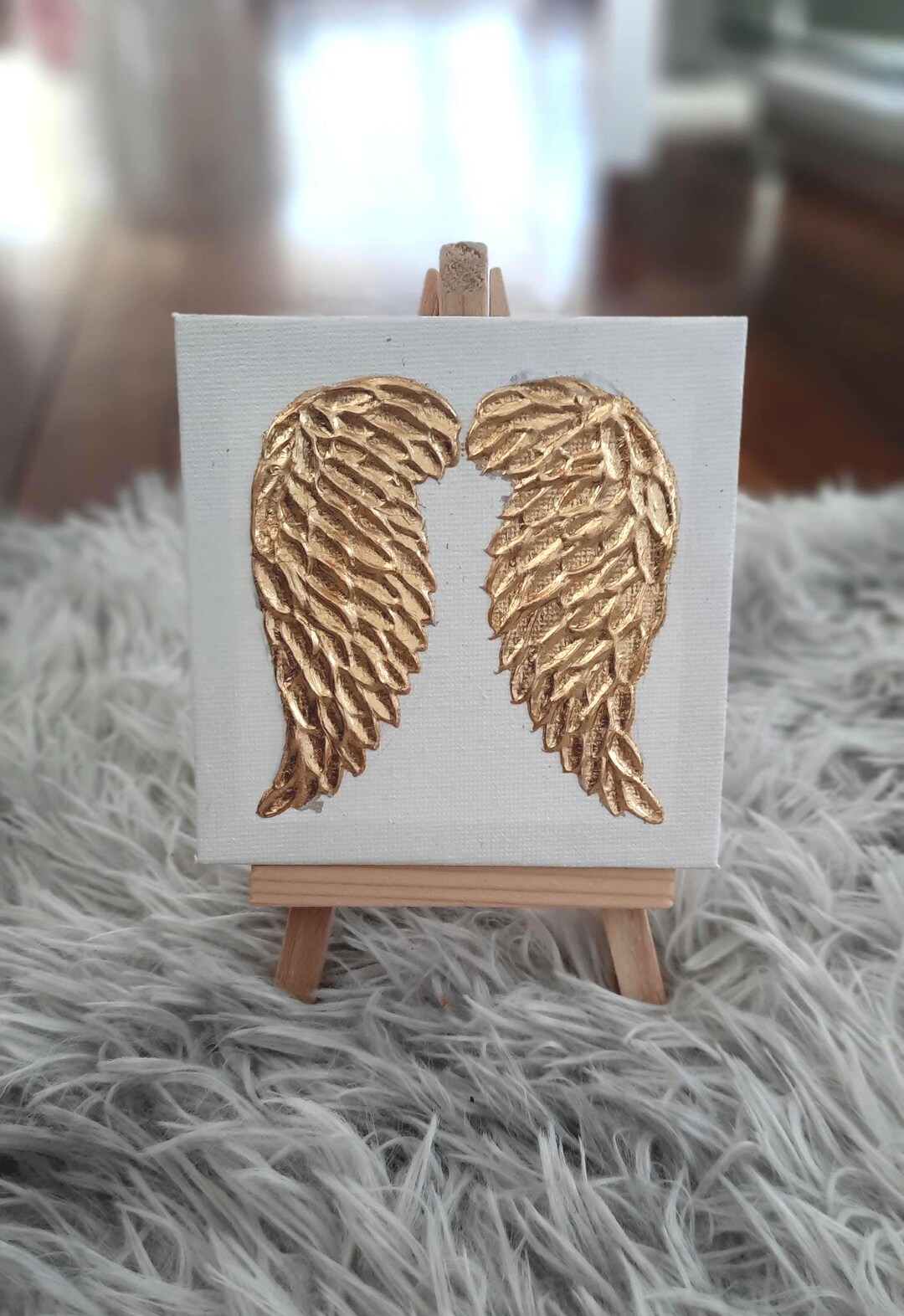 Miniature Two Angel Wings Painting on Canvas With Mini Easel, Tiny Art ...
