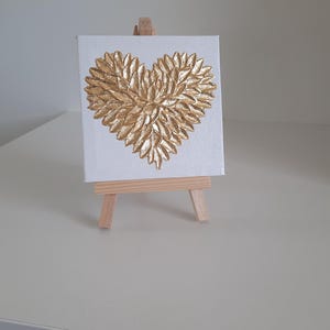 Miniature Heart Painting on Canvas With Mini Easel, Tiny Art Gold Heart ...