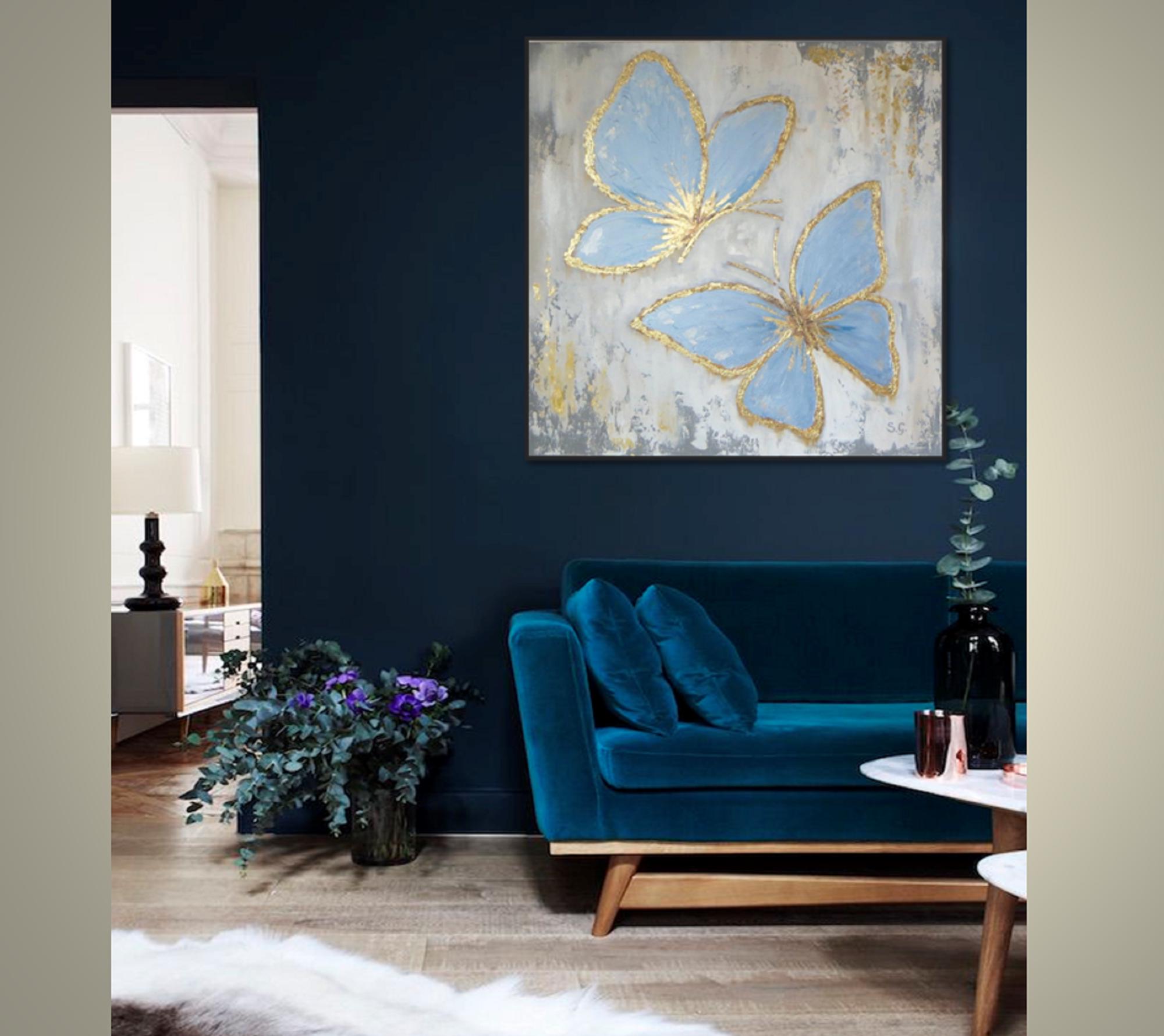 Large Gold Blue Butterflies Original Painting on Canvas, Contemporary ...