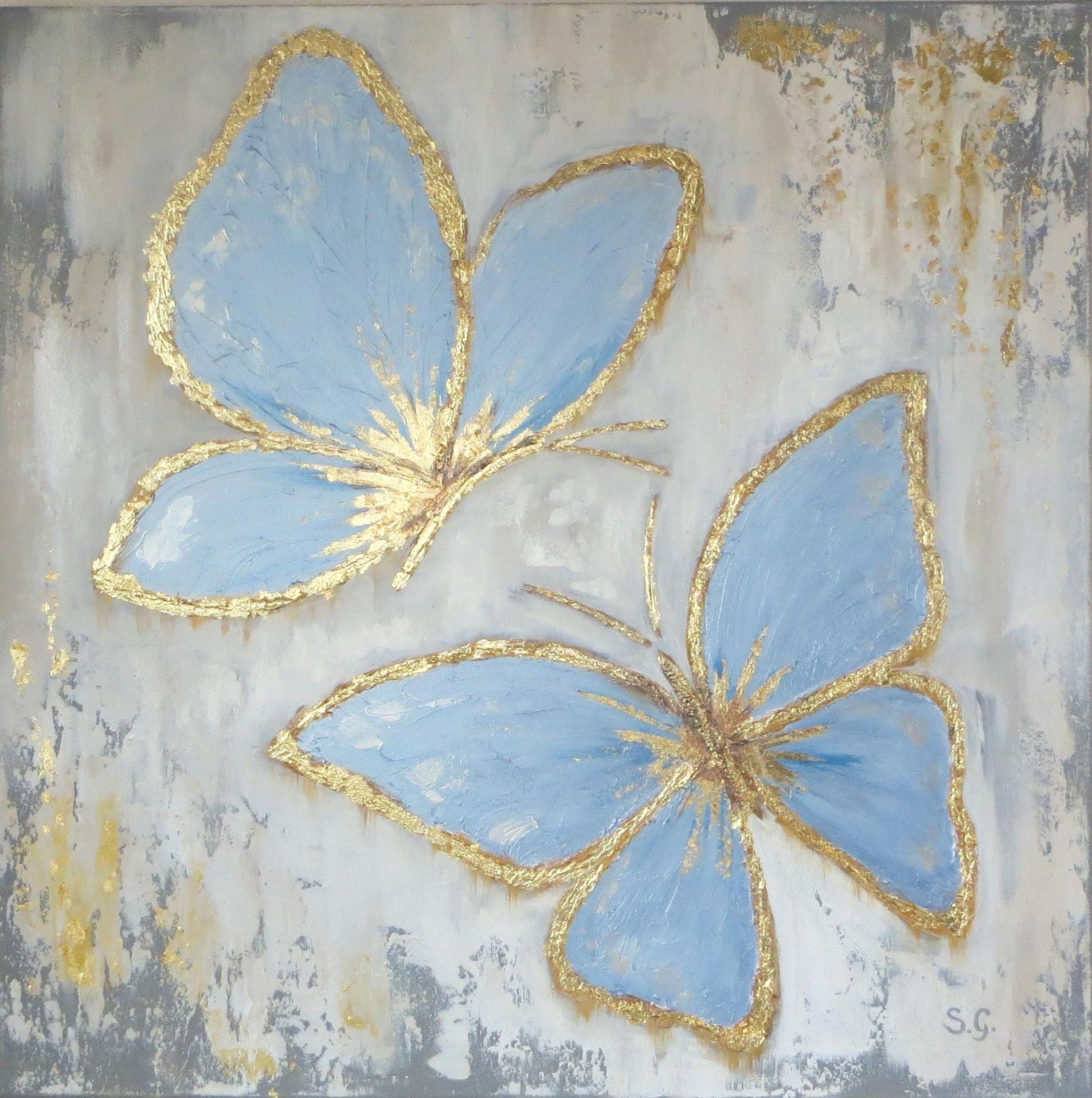 Large Gold Blue Butterflies Original Painting on Canvas, Contemporary ...