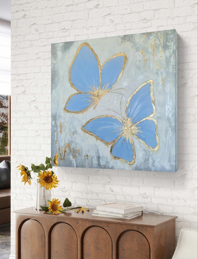 Large Gold Blue Butterflies Original Painting on Canvas, Contemporary ...