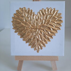 Miniature Heart Painting on Canvas With Mini Easel, Tiny Art Gold Heart ...