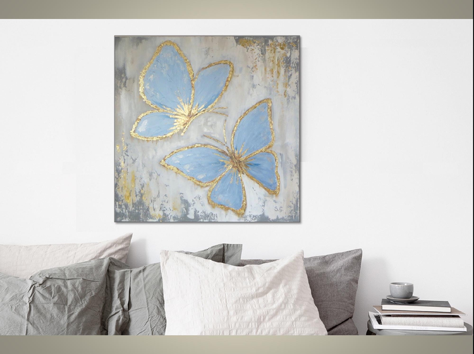 Large Gold Blue Butterflies Original Painting on Canvas, Contemporary ...