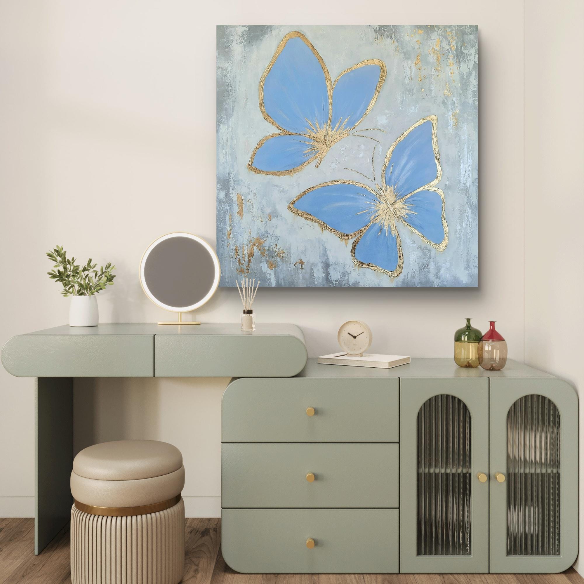 Large Gold Blue Butterflies Original Painting on Canvas, Contemporary ...