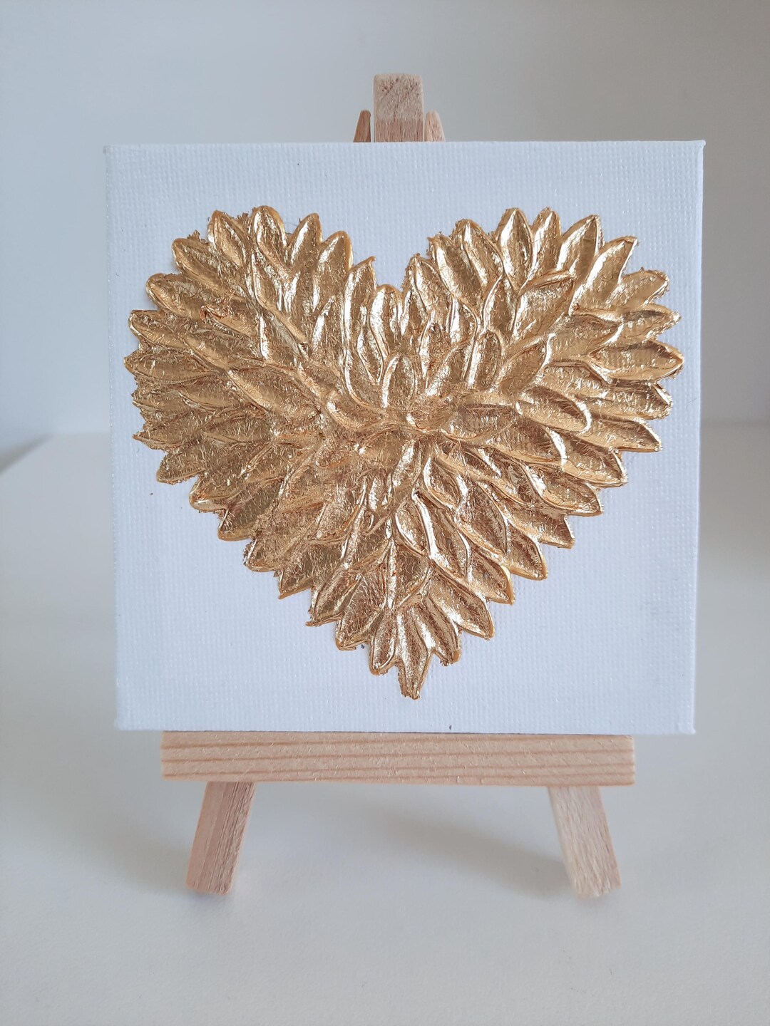 Miniature Heart Painting on Canvas With Mini Easel, Tiny Art Gold Heart ...