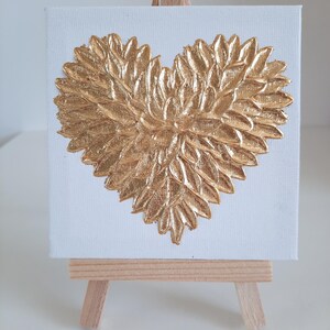 Miniature Heart Painting on Canvas With Mini Easel, Tiny Art Gold Heart ...
