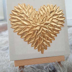 Miniature Heart Painting on Canvas With Mini Easel, Tiny Art Gold Heart ...