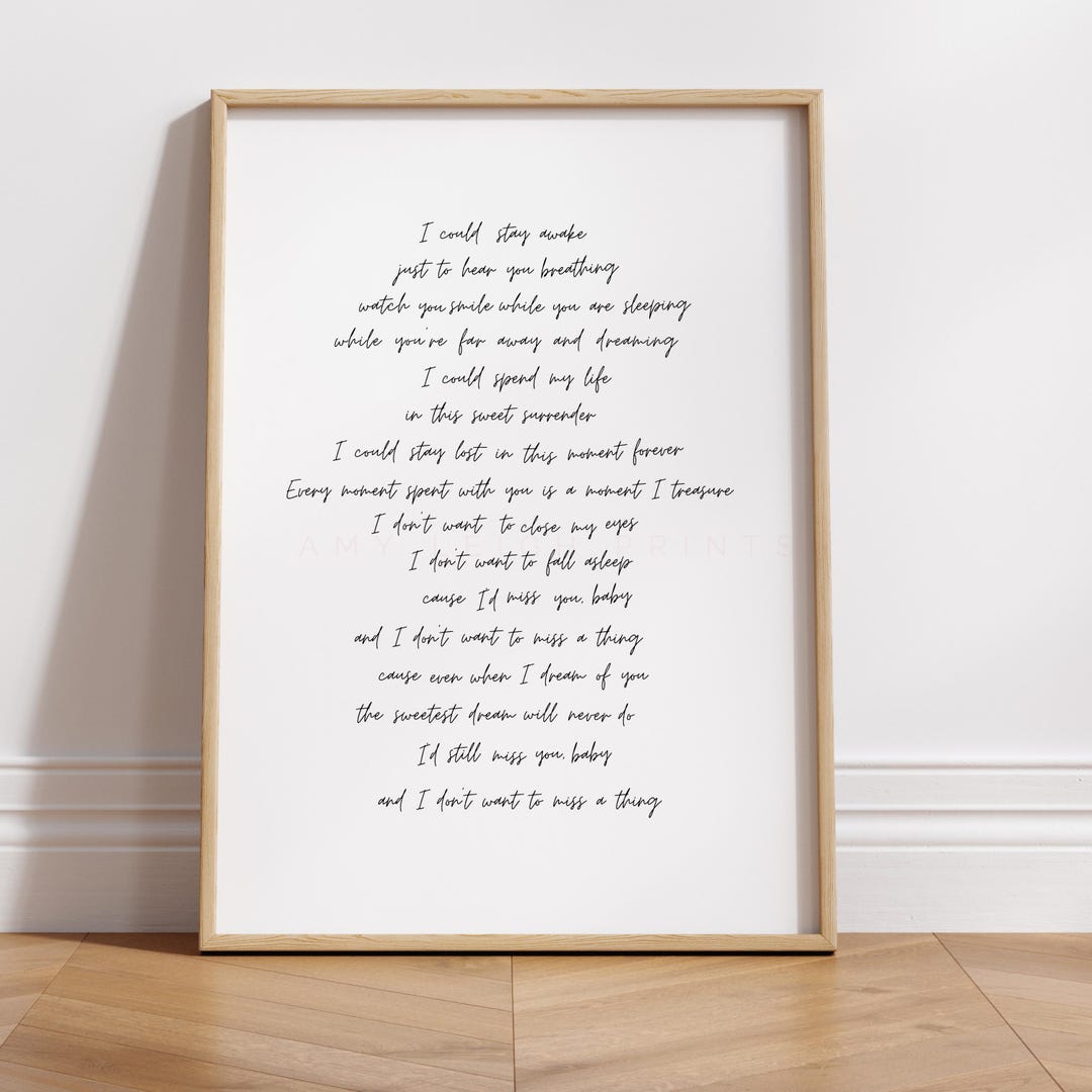 I Don't Want to Miss a Thing Aerosmith Song Lyrics Print, First Wedding ...