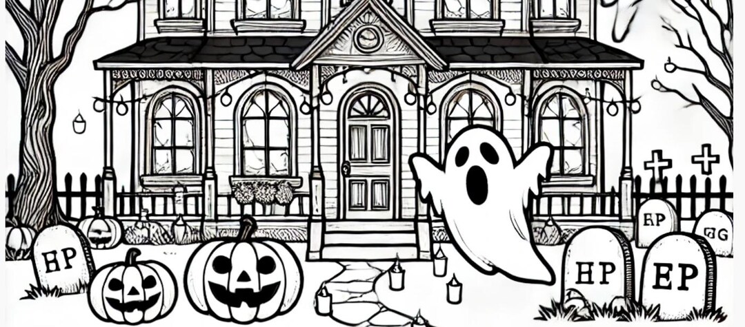 Halloween Coloring Page, Haunted House, Spooky, Ghosts, Tombstones ...