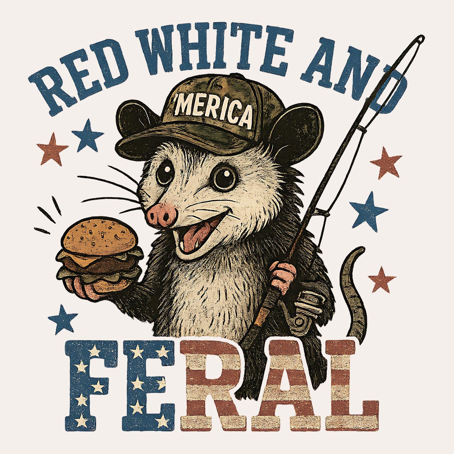 Red White and Feral PNG | Patriotic Possum With Burger and Fishing Rod ...
