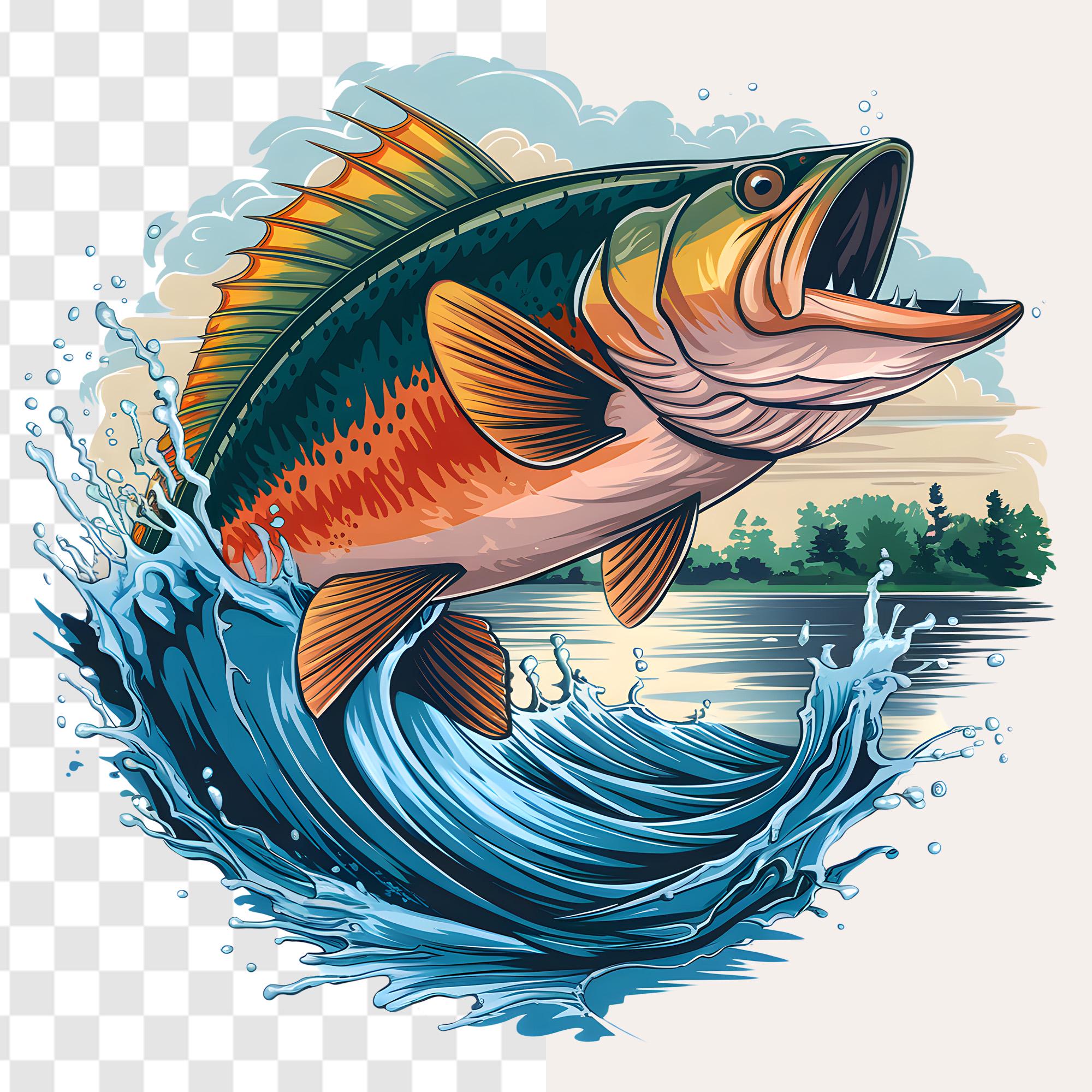 Bass Fishing PNG Watercolor Jumping Bass Outdoor Lake Scene Wilderness ...