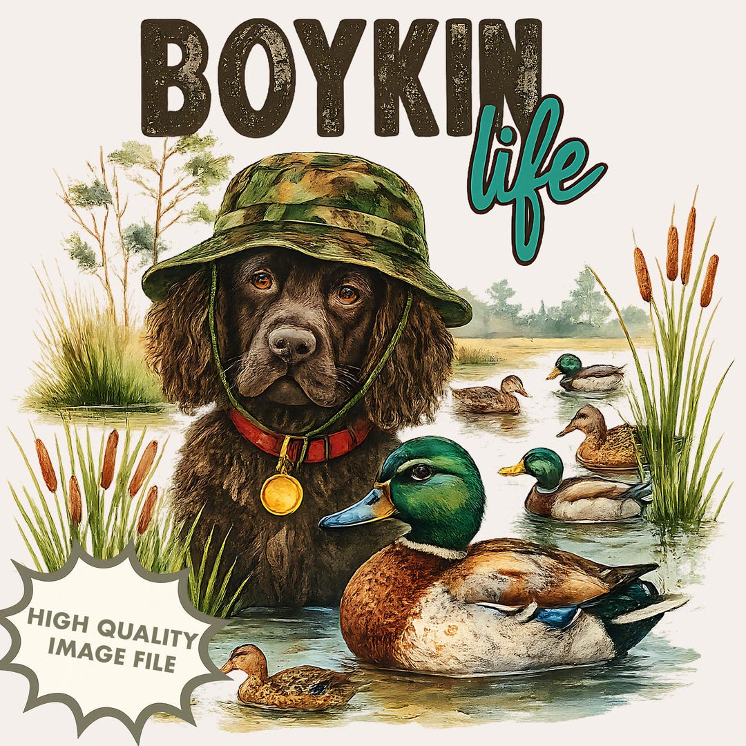 Boykin Life PNG | Duck Hunting Dog in Camo Hat | Mallards Swamp Scene ...