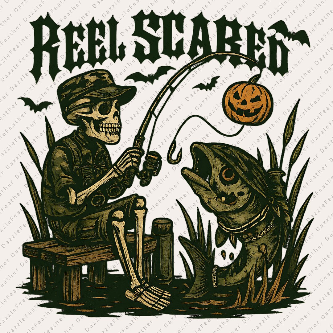 Reel Scared Skeleton Fishing PNG | Spooky Halloween Bass With Pumpkin ...