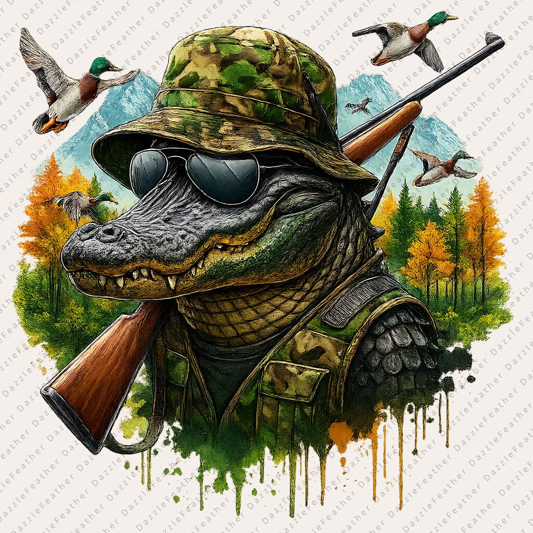 Hunting Alligator With Rifle PNG Sublimation | Camo Hat Sunglasses ...