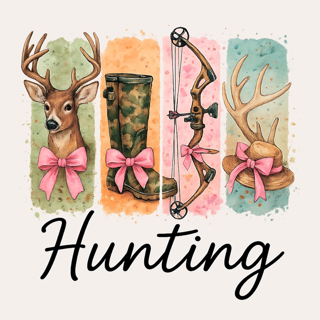 Girly Hunting PNG Sublimation | Camo Boots Bow Deer Hat Compound Bow ...