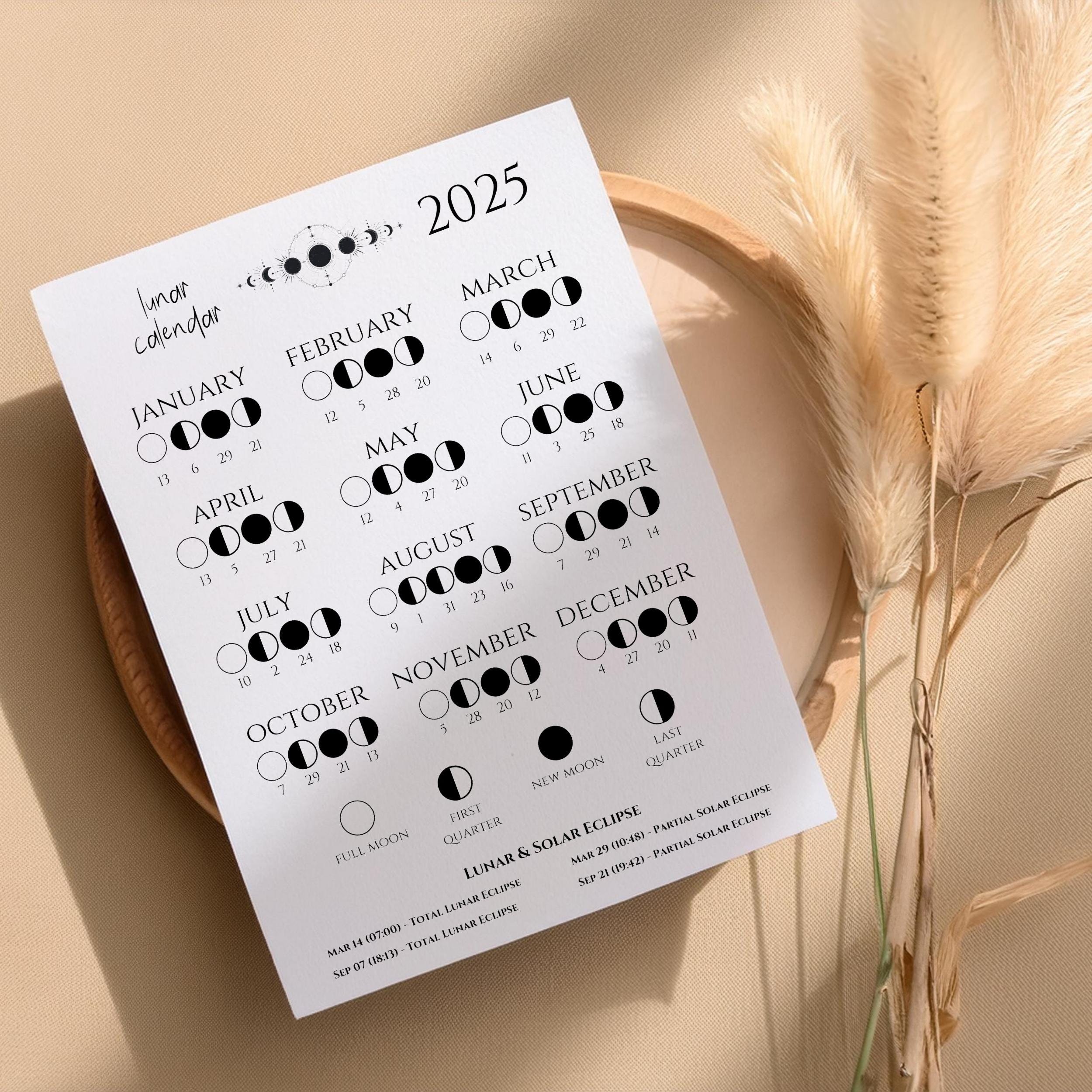 2025 Printable Lunar Calendar | Minimalist Moon Phases Planner ...