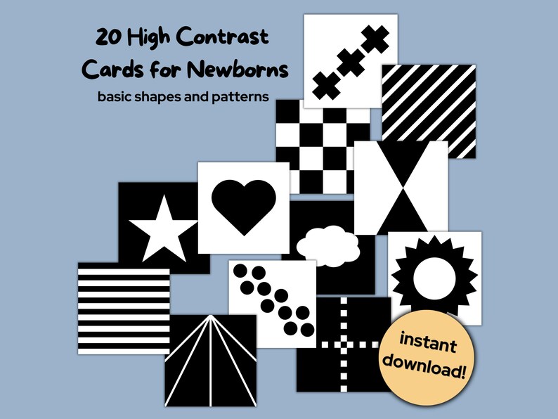 20 Basic Shapes Printable Montessori Newborn Flashcards High Contrast ...