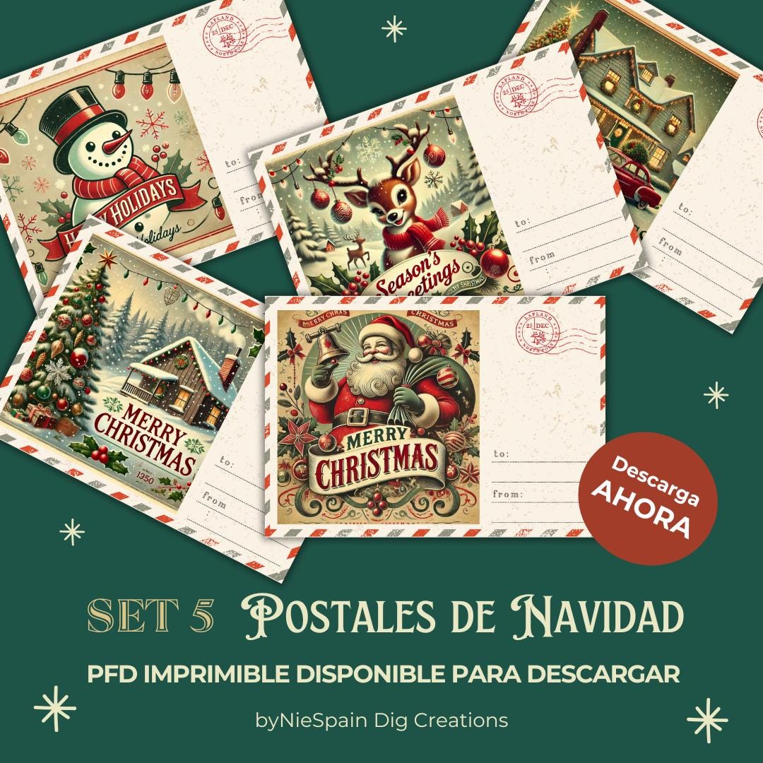 Set of 5 Vintage Christmas Postcards – Printable Christmas Cards, Retro ...