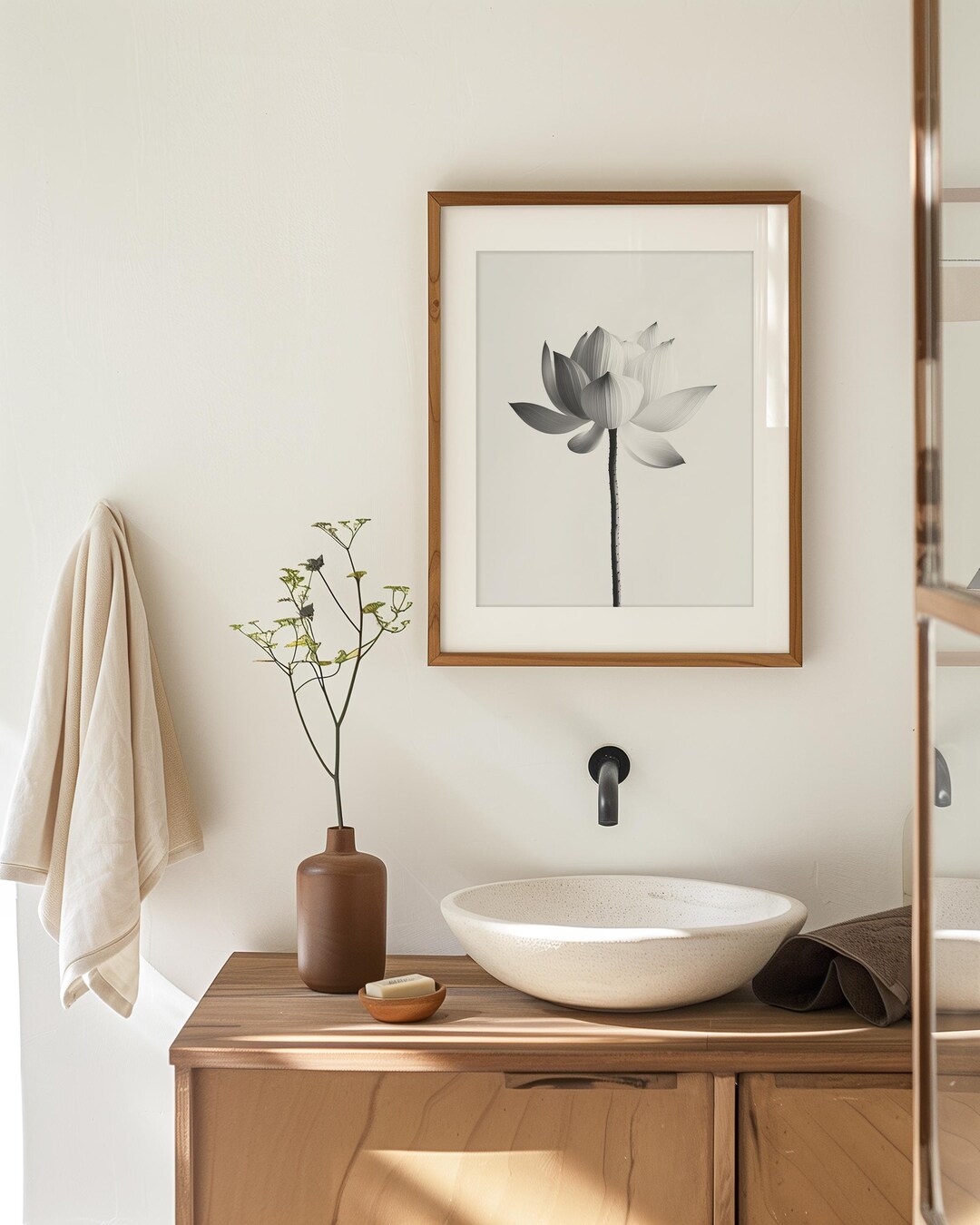 White Lotus Serenity Japandi Wall Art, Minimalist Zen Botanical Print, Neutral Floral Home Decor ...