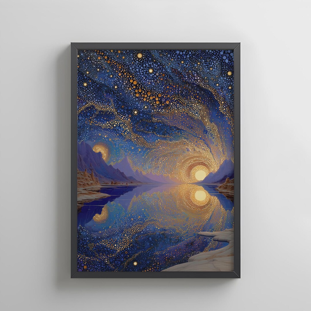 Cosmic Sunset Dot Landscape Art Print – Abstract Night Sky Reflection ...