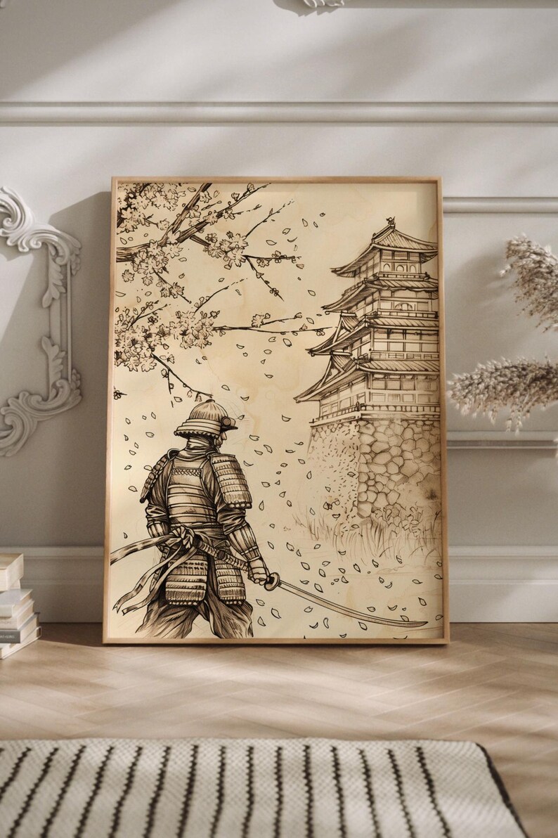 Samurai Under Cherry Blossoms Wall Art, Japandi Digital Print, Japanese ...