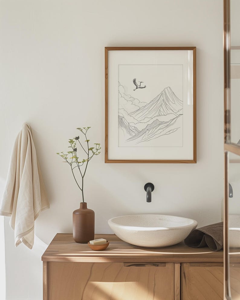 Japandi Crane Line Art: Minimalist Mountain Zen Art (digital Download ...