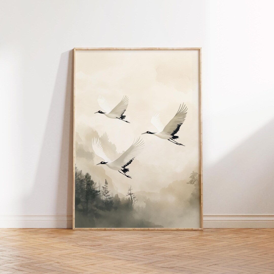 Cranes of Serenity – Japandi Minimalist Wall Art, Zen Crane Print, Wabi ...